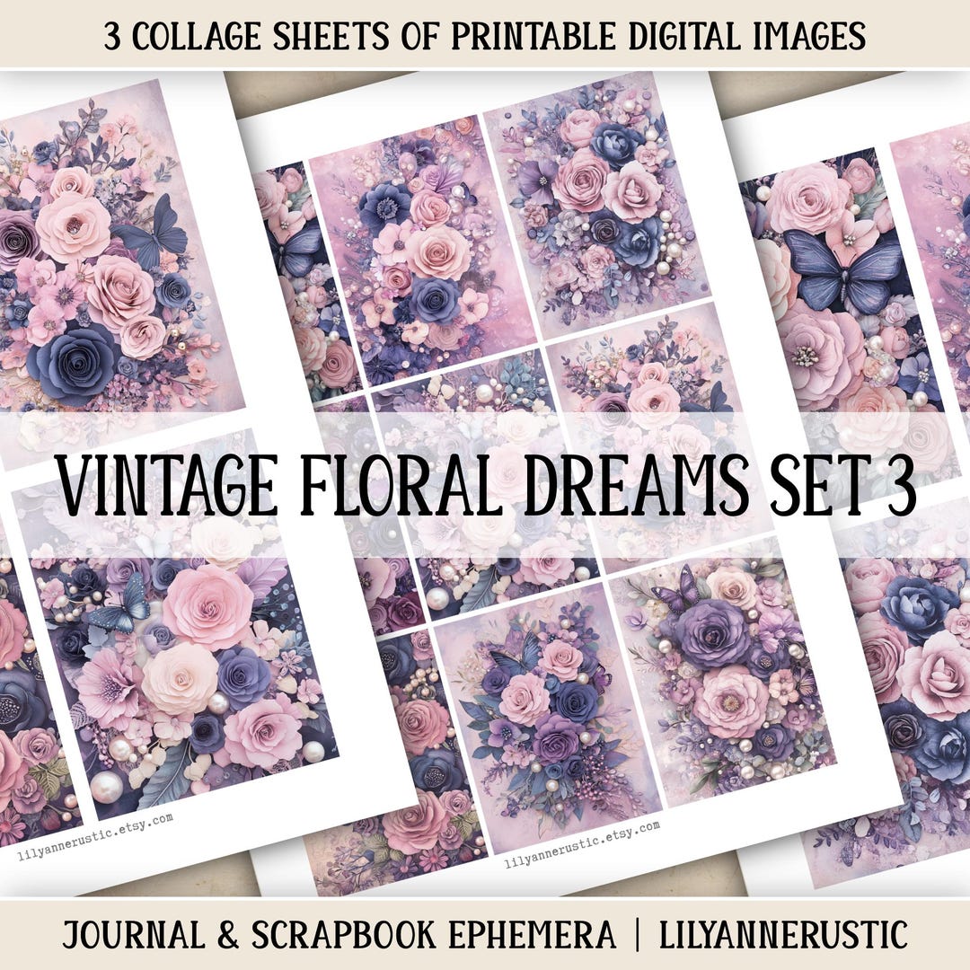 Floral Junk Journal Kit Printable Ephemera Scrapbooking Paper Purple ...