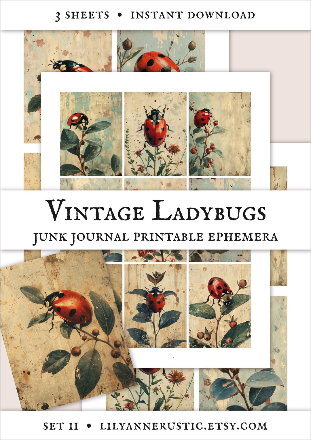 Ladybug Junk Journal Kit: Vintage Ephemera Collage Sheets – Digital ...