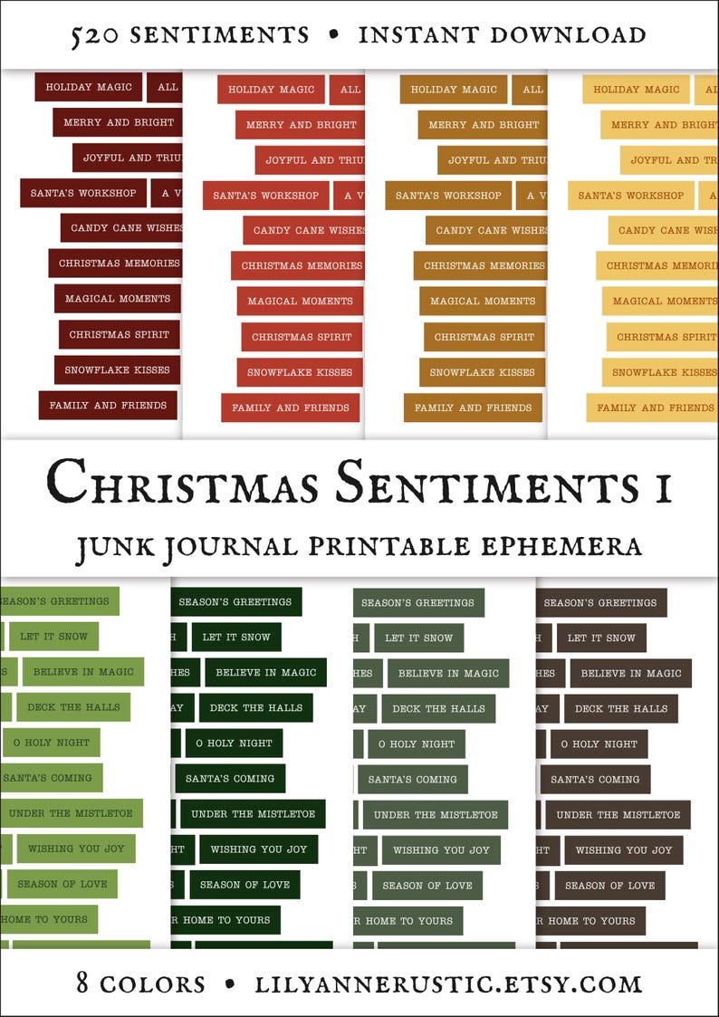 520 Christmas Sentiments, 8 Colours Holiday Journal Words, Printable ...