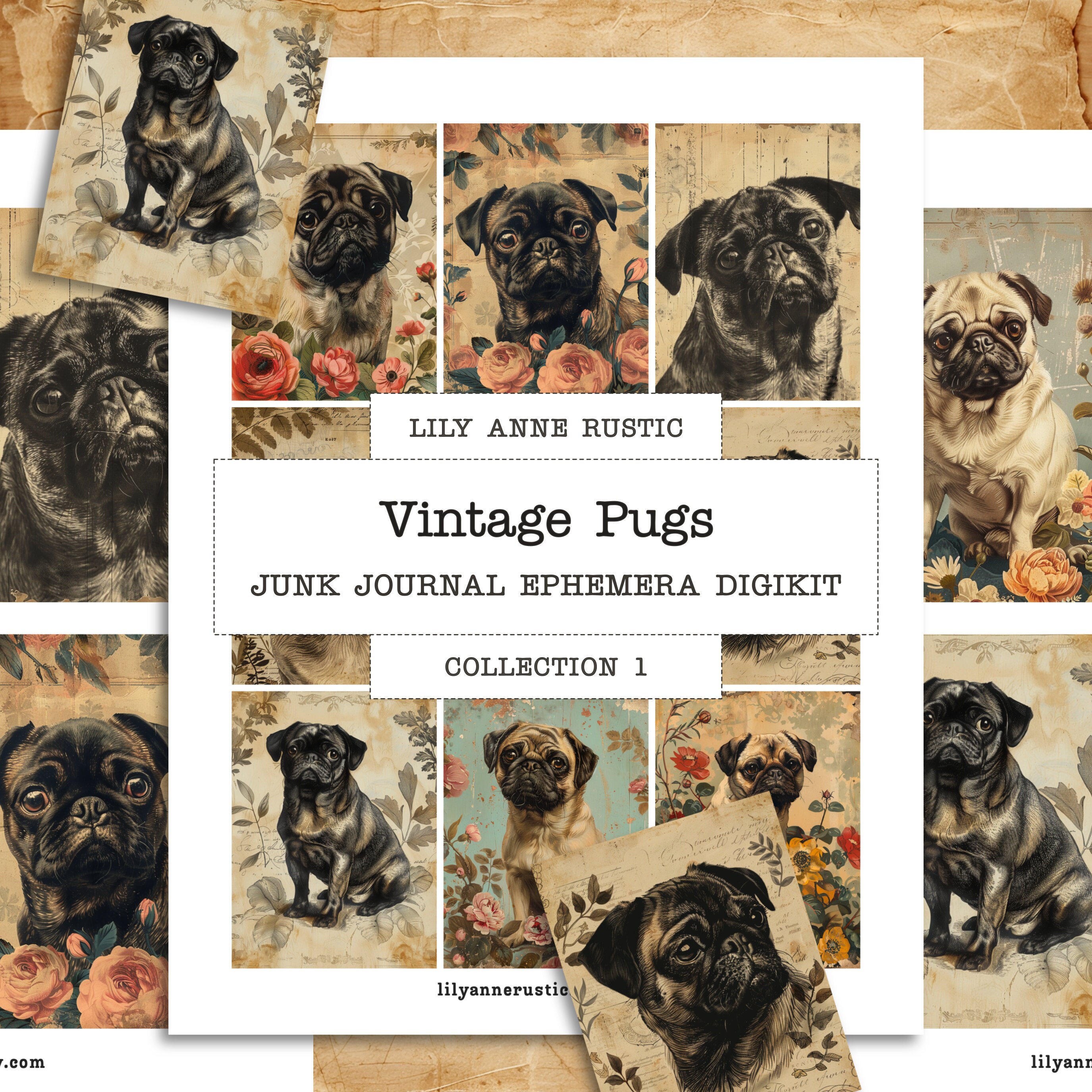 Dog Junk Journal Printable Clip Art Pug Ephemera Dog Digital Images ...