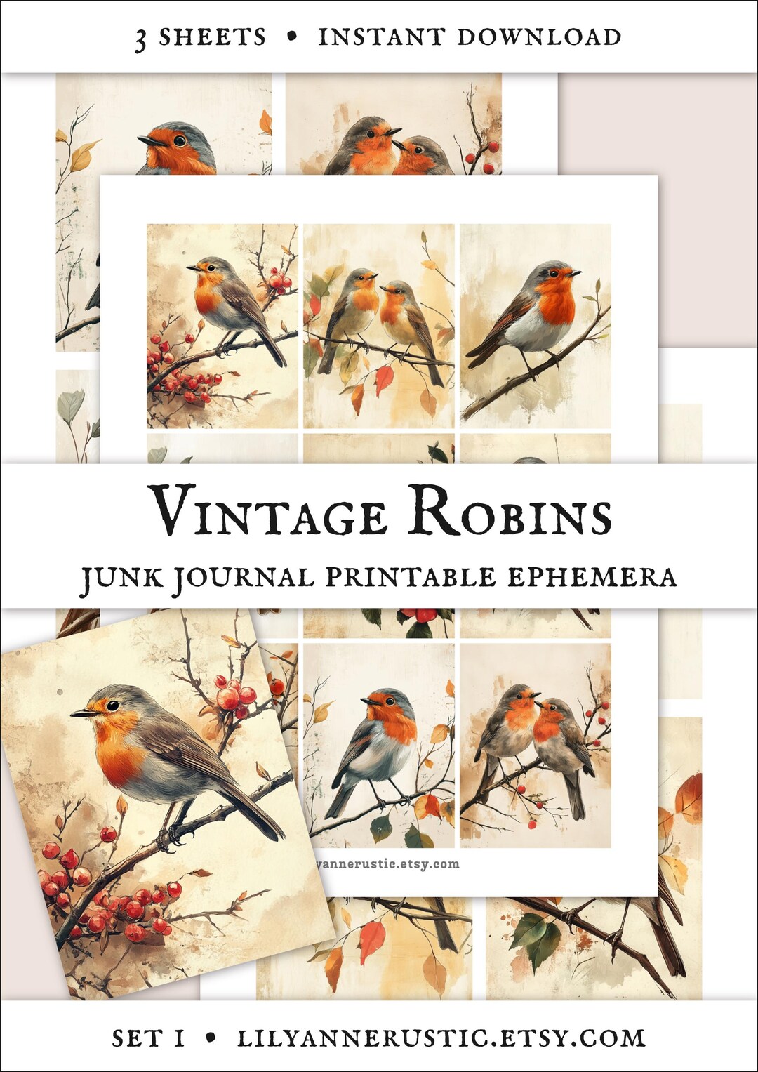 Vintage Robin Printable Ephemera Kit | Bird Collage Sheets | Digital ...