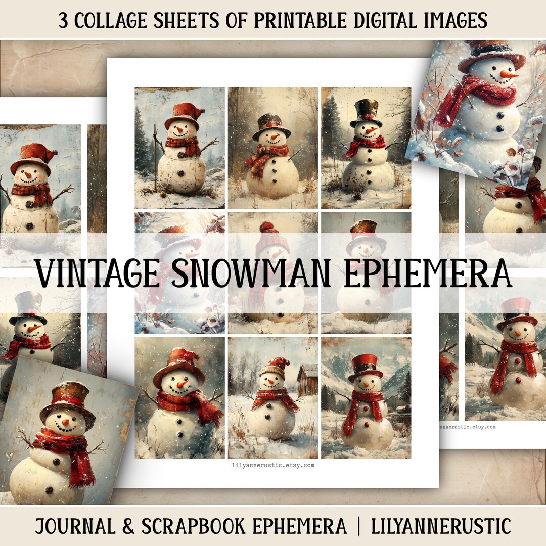 Snowman Junk Journal Kit Vintage Christmas Ephemera Snowmen Collage ...