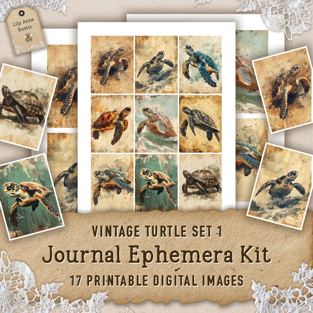 Vintage Turtle Ephemera: Junk Journal Printable Collage Sheets (digital Download, 8.5x11in PNG ...