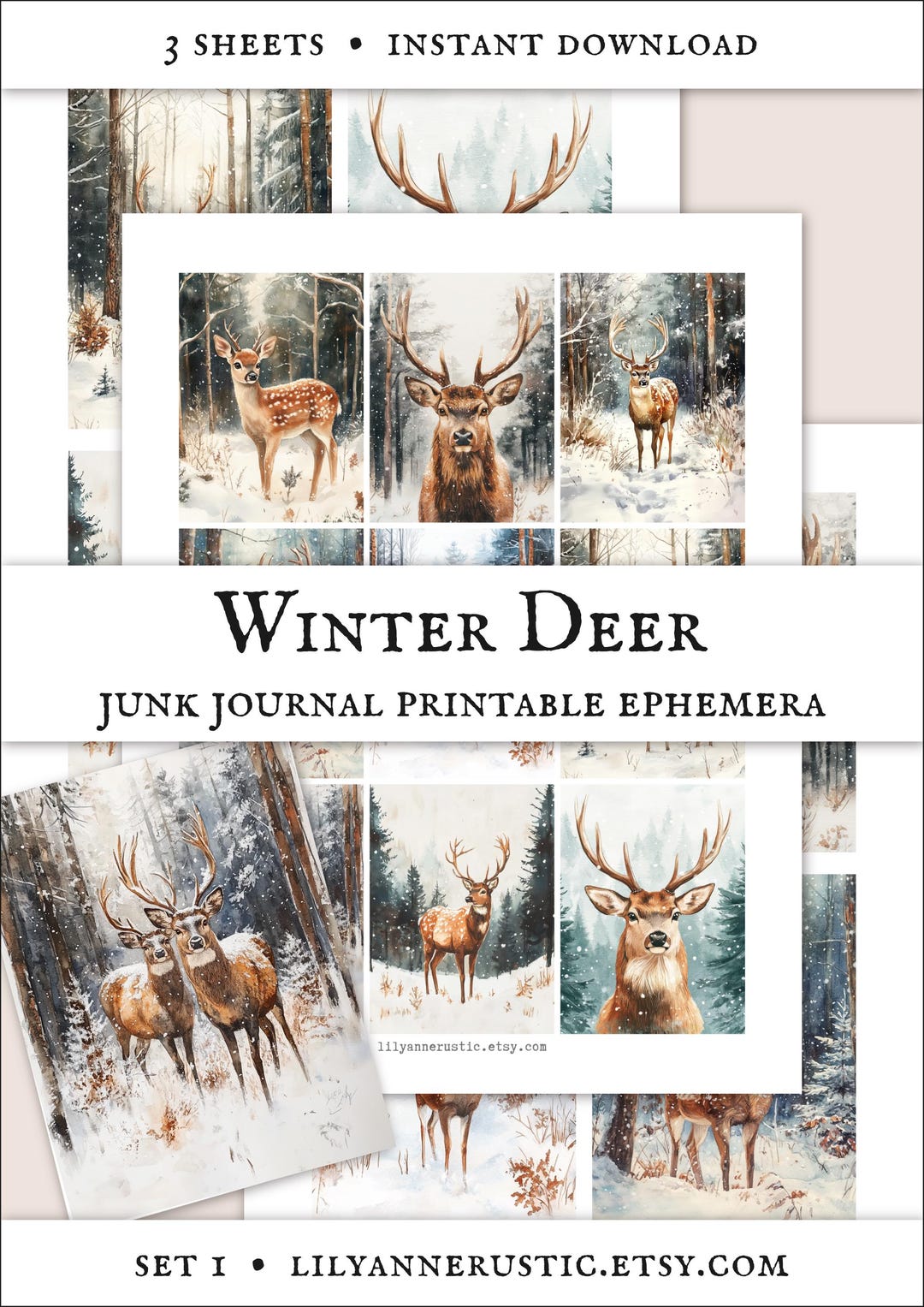 Vintage Winter Deer Ephemera Printable Sheets – 3 Letter-size Woodland ...
