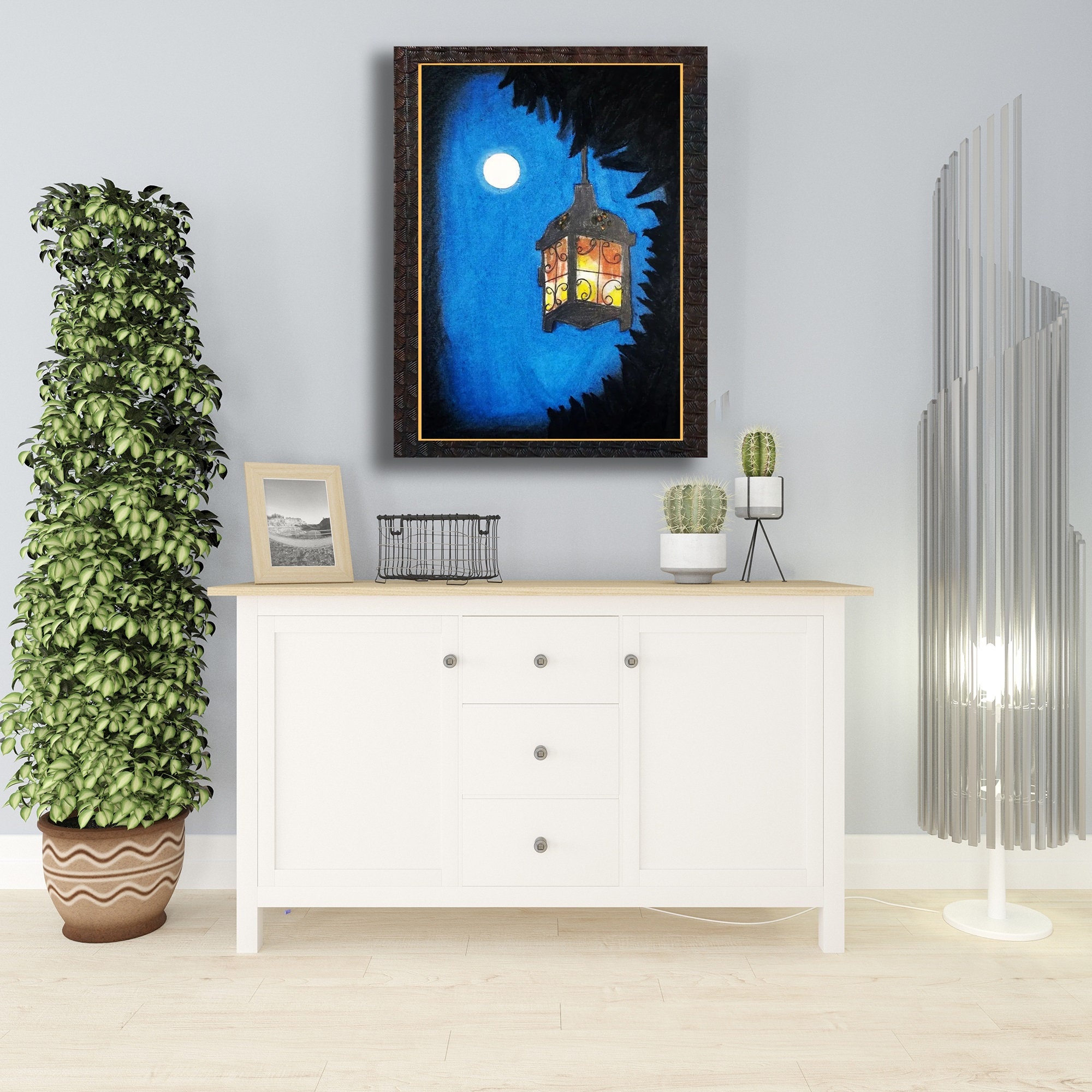 Wooden Frame Oil Pastel Color Moon Lamp Light Painting for Drawing Room ...