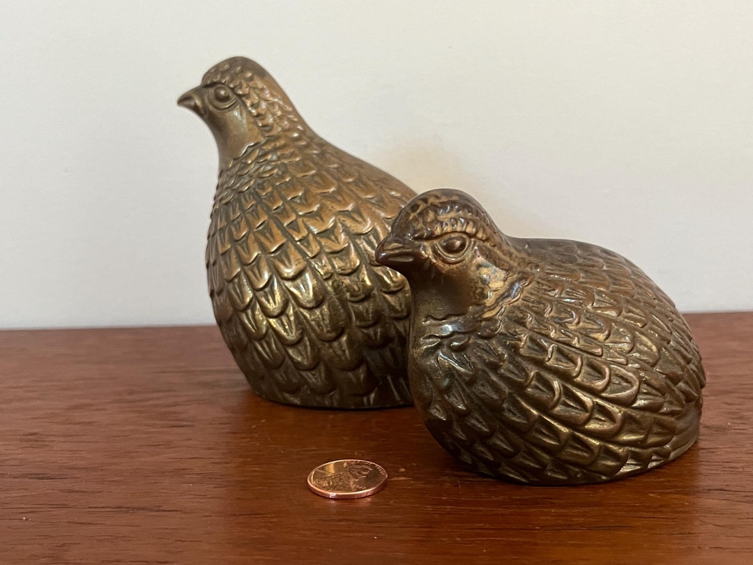 Japanese Vintage Pair of Medium-sized Brass Quail / Partridge Figurines ...