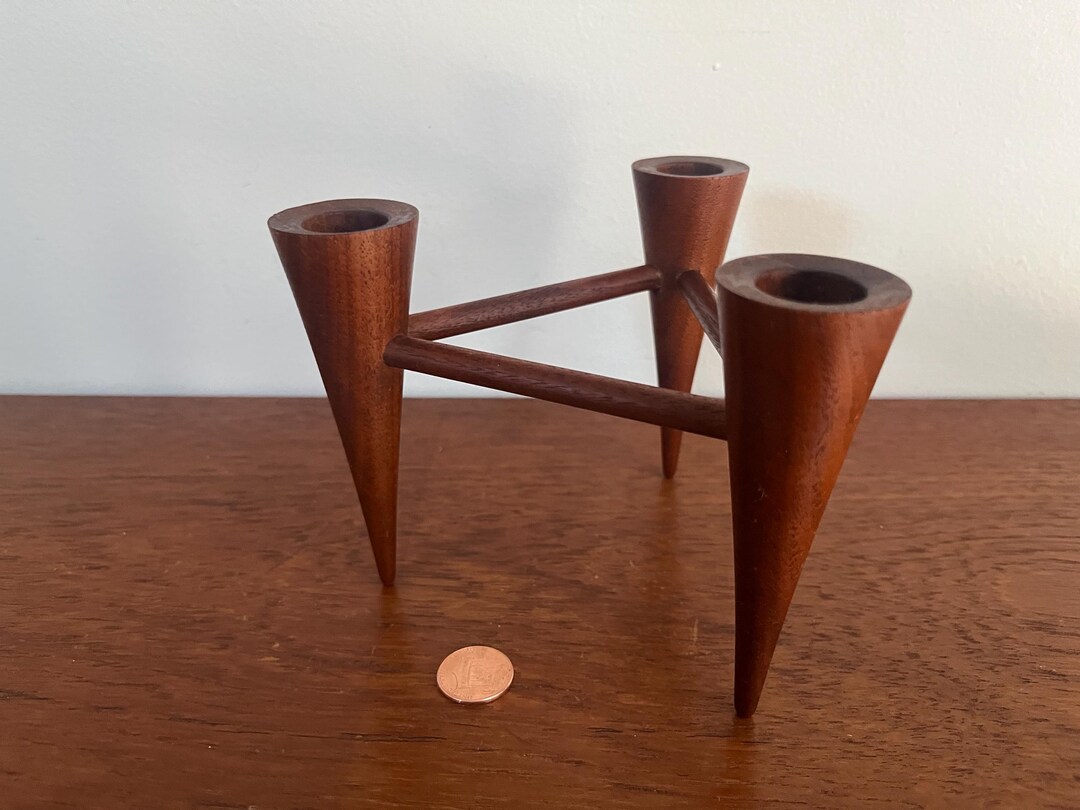 Danish Vintage Teak Triplet Candleholder - Triangular Linked Design (4 ...