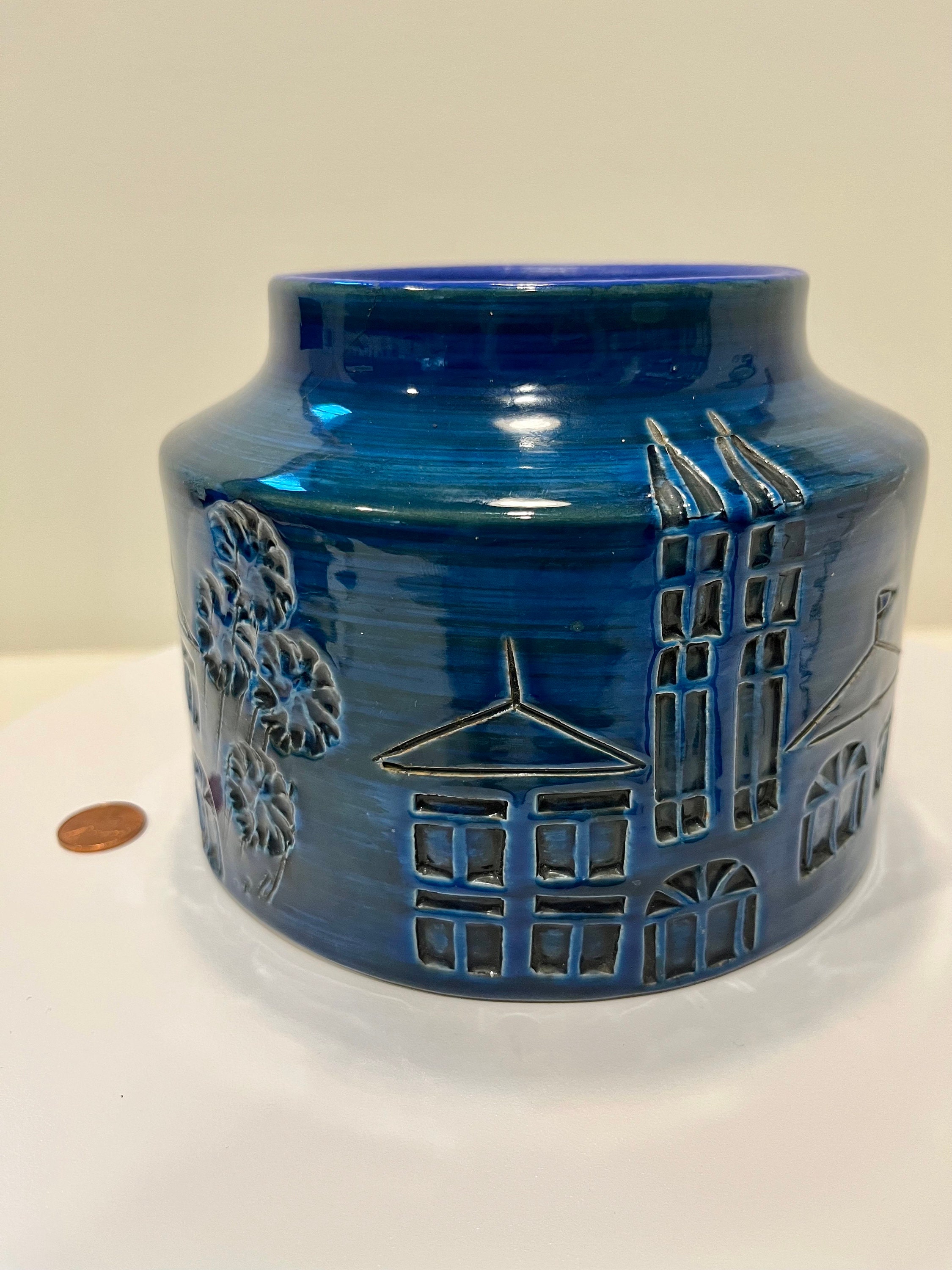 Bitossi Aldo Londi Rimini Blue and Green Incised & Patterned cityscape ...