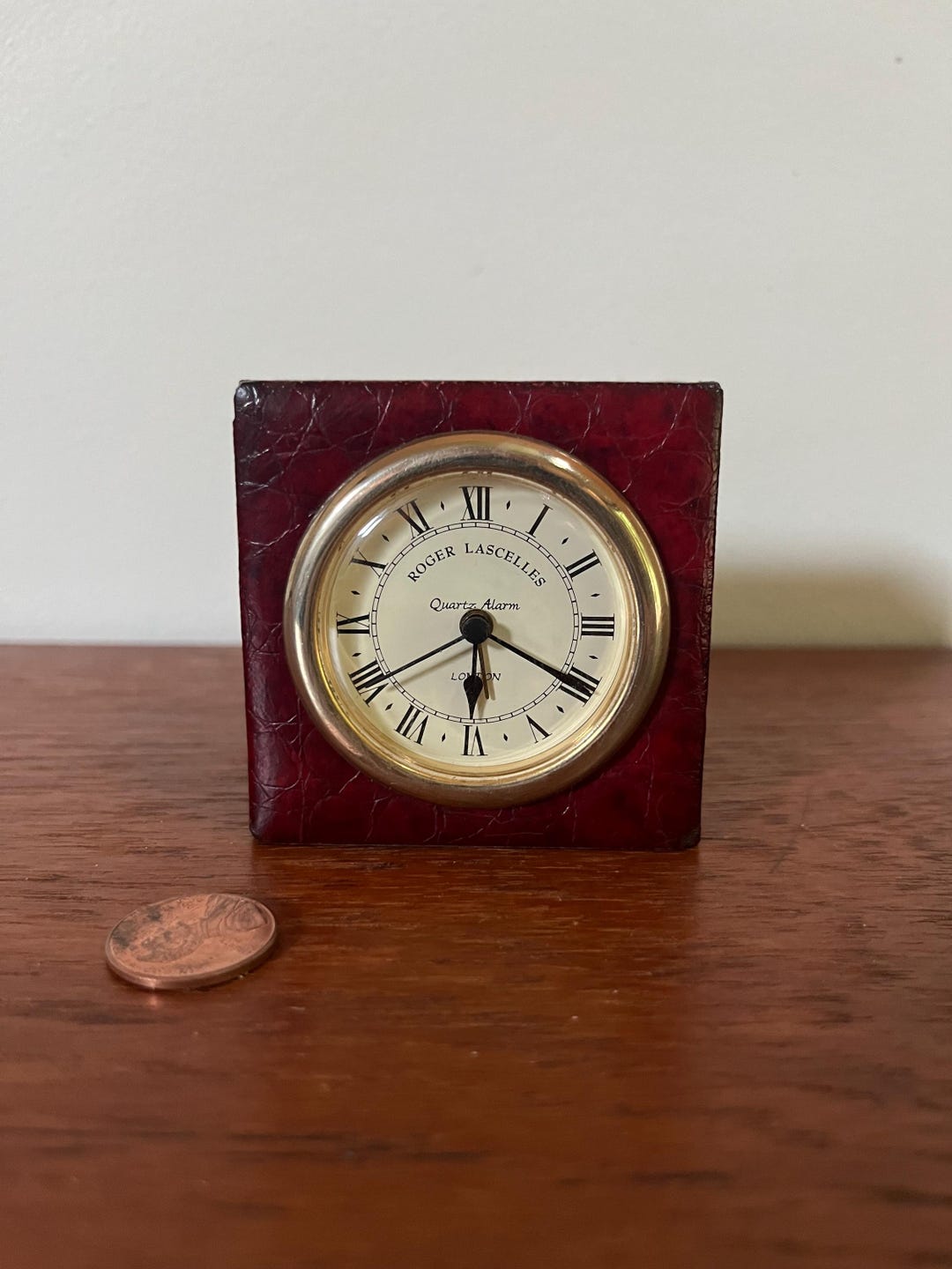 Roger Lascelles Vintage Round Bedside Travel Alarm Clock in Burgundy ...