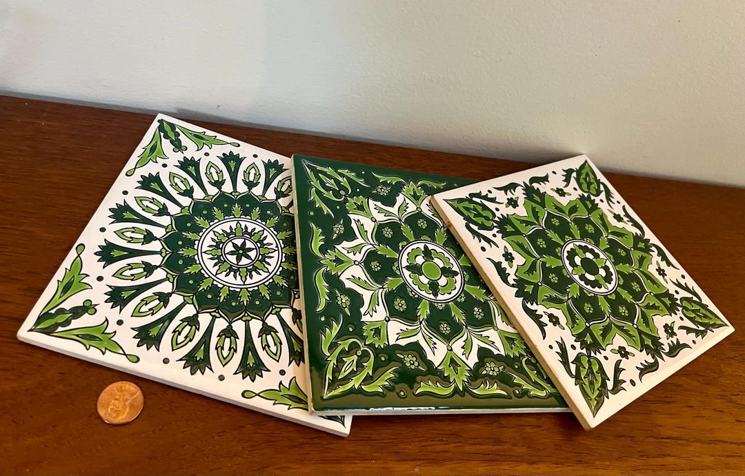 Nassos 3 Greek Ceramic Wall Tiles - White & Green Geometric Floral ...