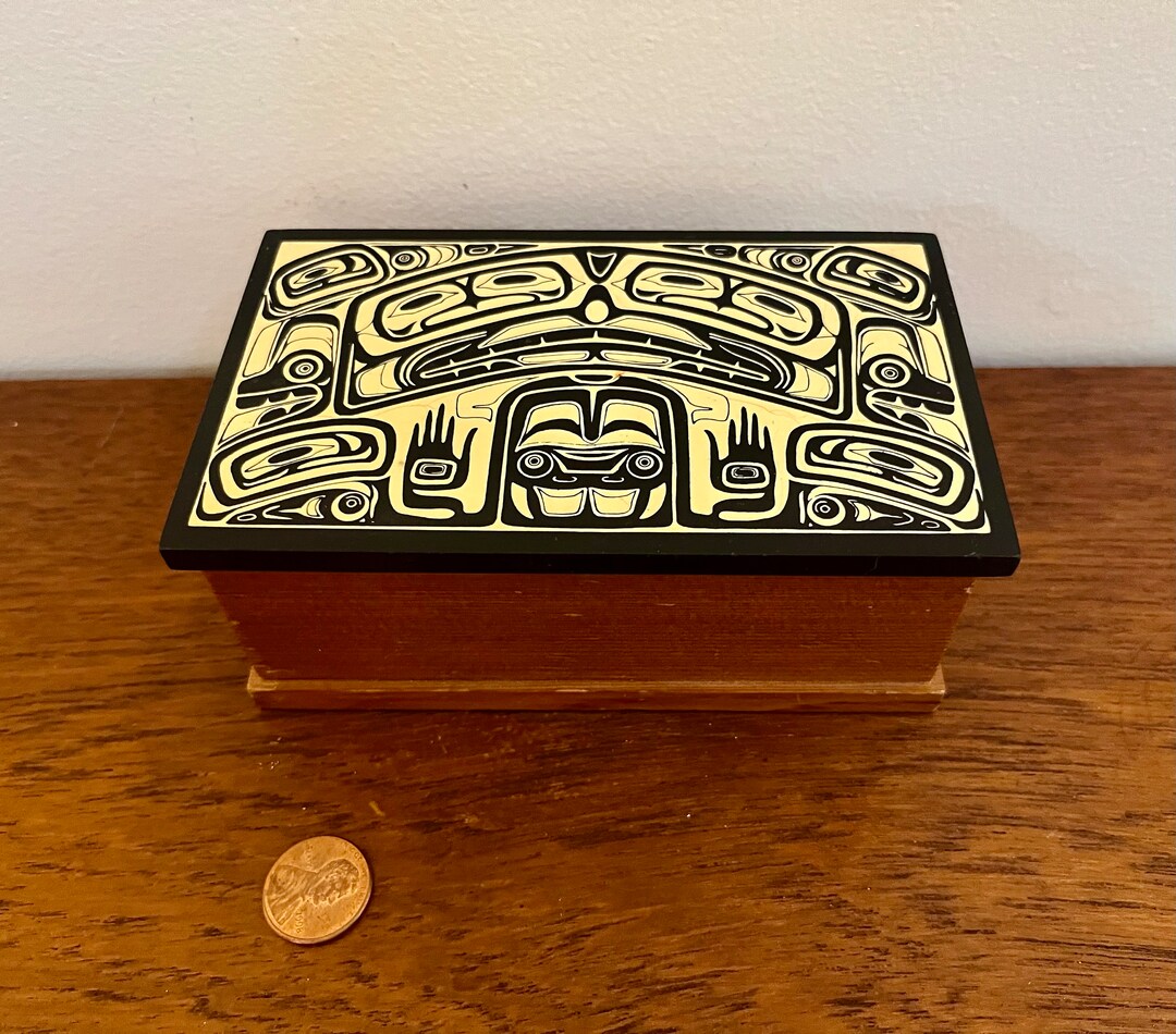 Haida Style Canadian Vintage Cedar Jewelry Box / Desk Box With Ebonized ...