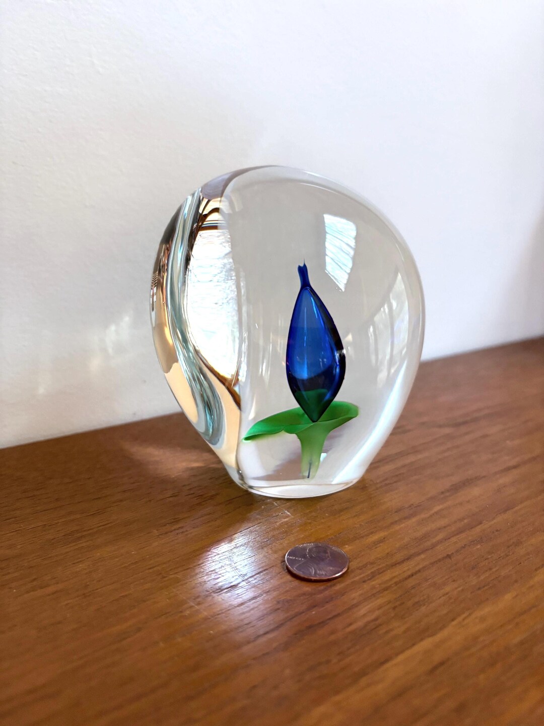 Jan Beranek Vintage Clear Art Glass Paperweight With Blue and Green ...