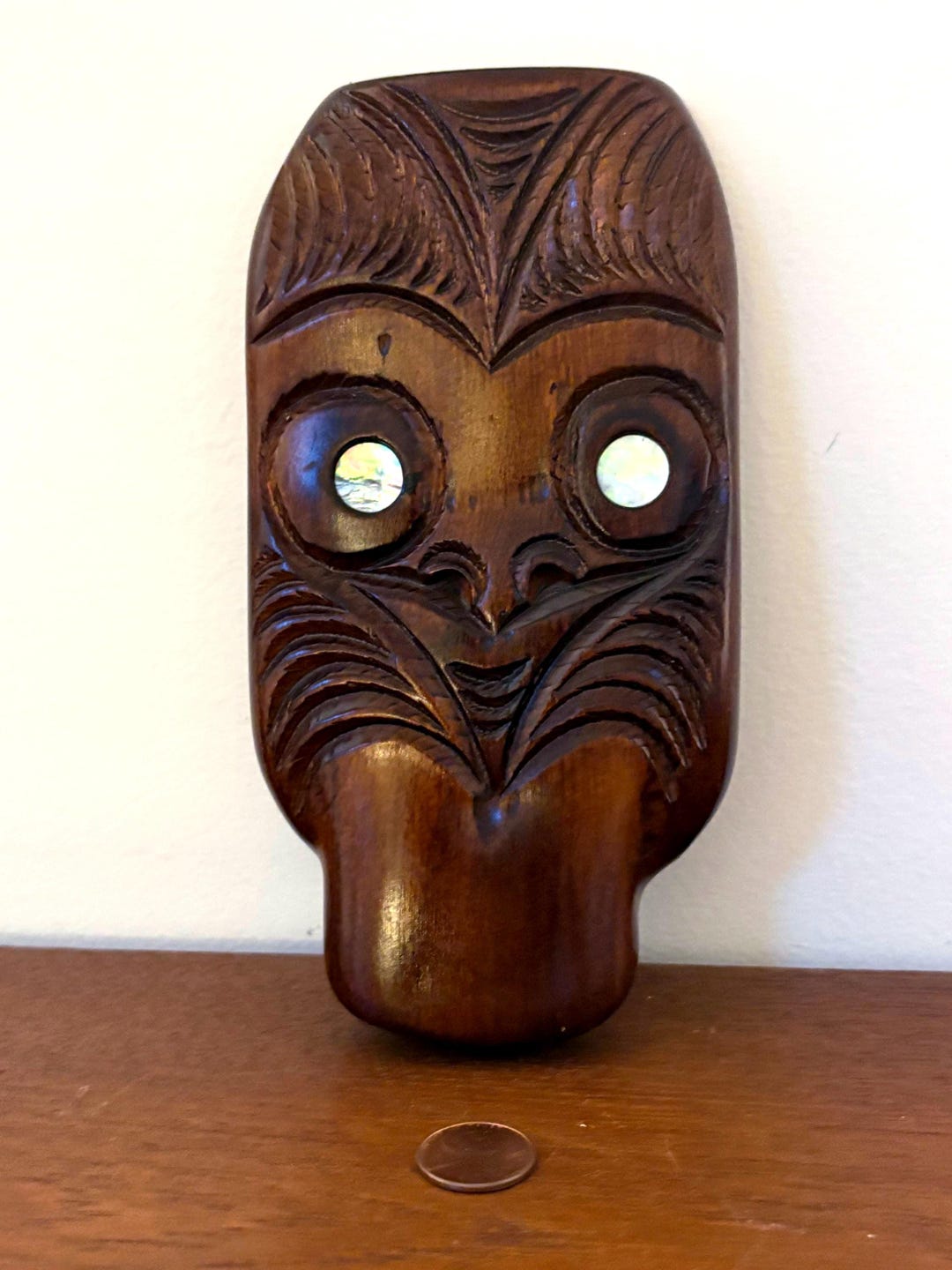 Maori Koruru Wood Wall Mask / Sculpture (7” L 3.5” W) With Paua Shell ...