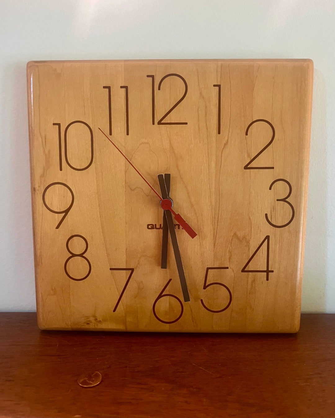 Vintage Oak Butcher Block Wood Quartz Square Wall Clock 1980s Modern ...