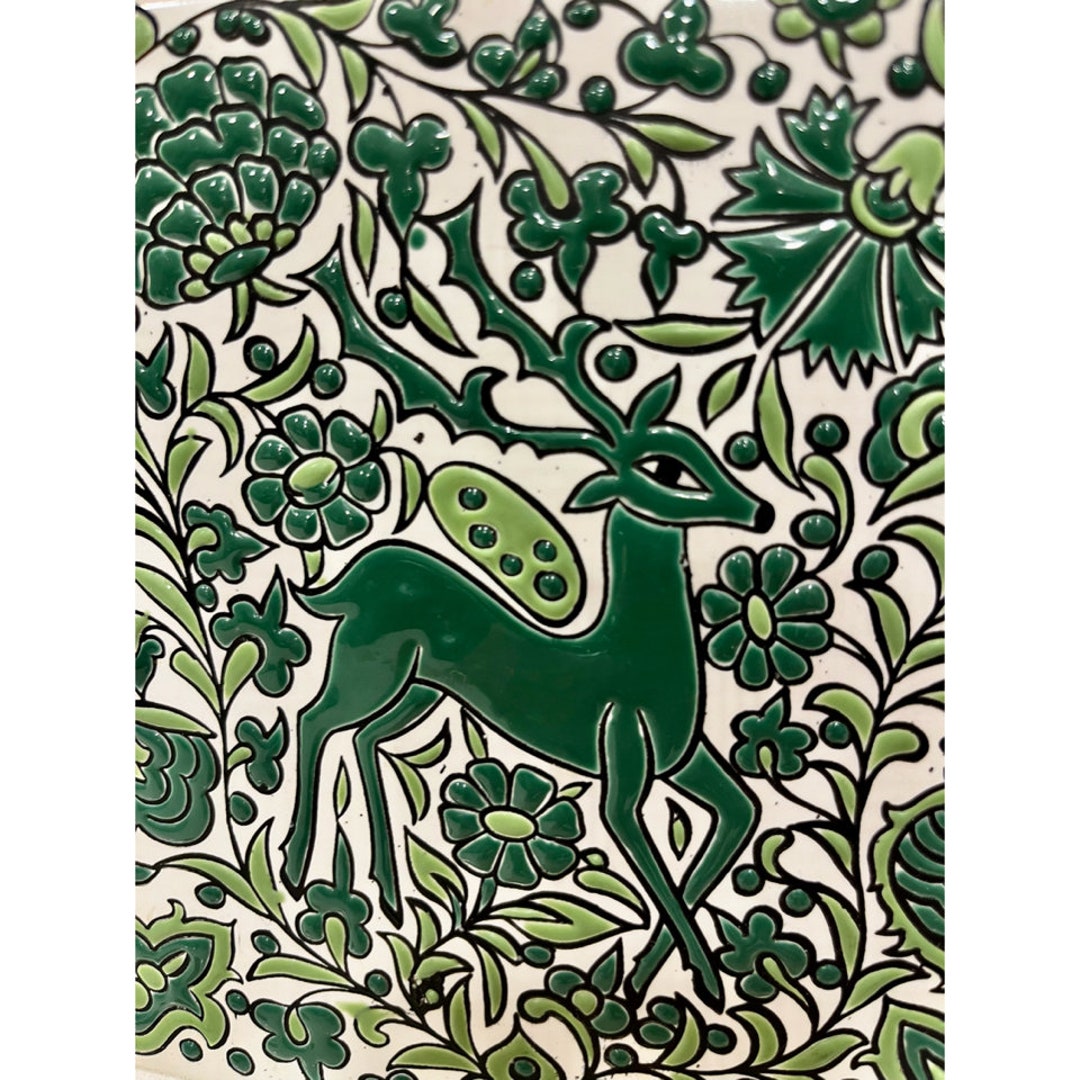 Vintage Greek Ceramic Wall Tile White and Green Stag and - Etsy