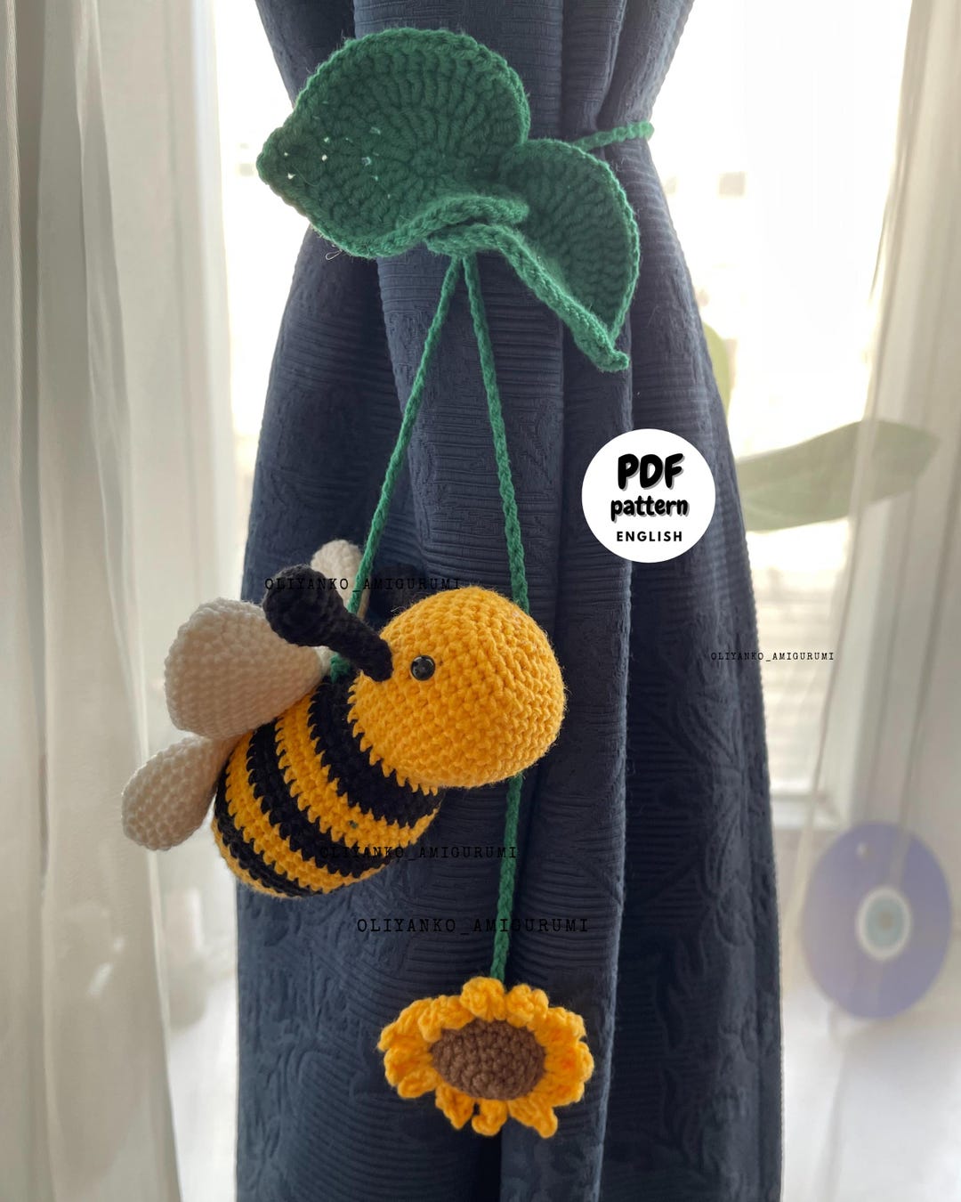 Crochet Curtain Tie Pattern, Bee and Sunflower Crochet Pattern, Curtain ...