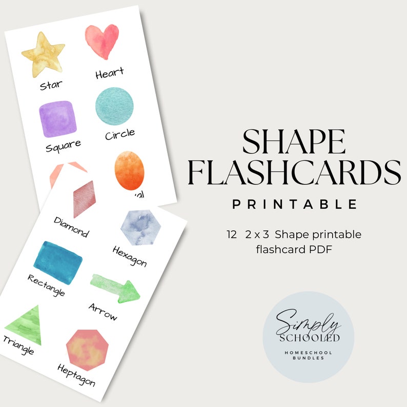 Shape Flashcards, Watercolors, Preschool, Kindergarten, 1st Grade ...
