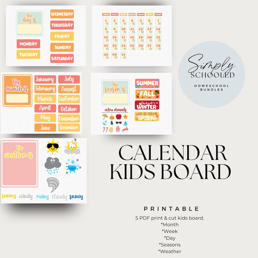Kids Printable Calendar Board, Weather, Season, Week, Month, Homeschool ...