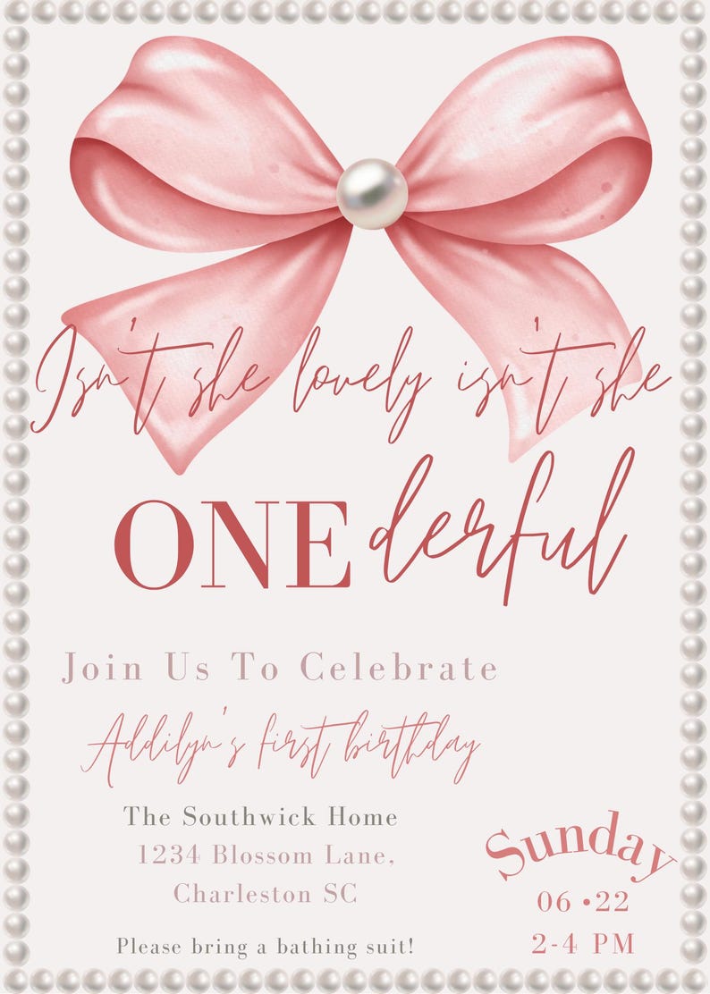 Pink Bow First Birthday Invitation Template (PDF) - Etsy