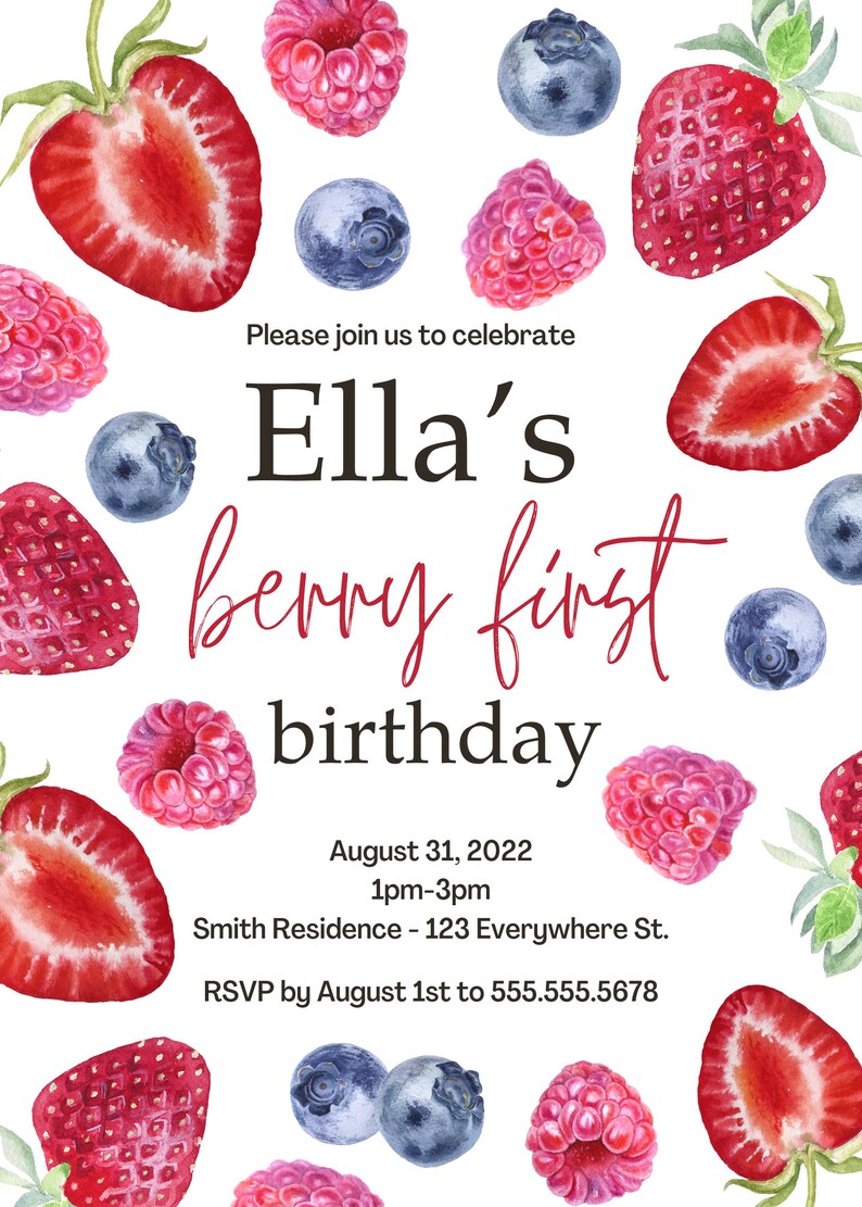 Berry First Birthday Party Invitation, Strawberry Raspberry Blueberry ...