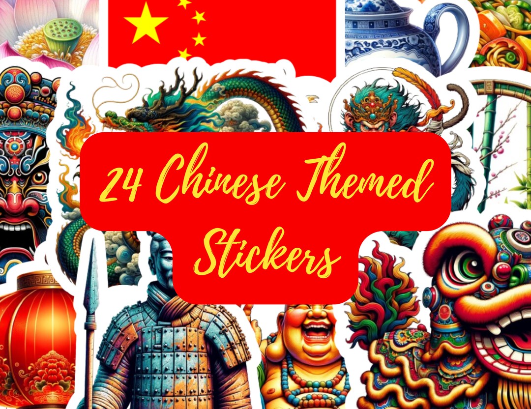 Chinese Themed Stickers, 24 Pack, Illustration, Great for Water Bottles ...
