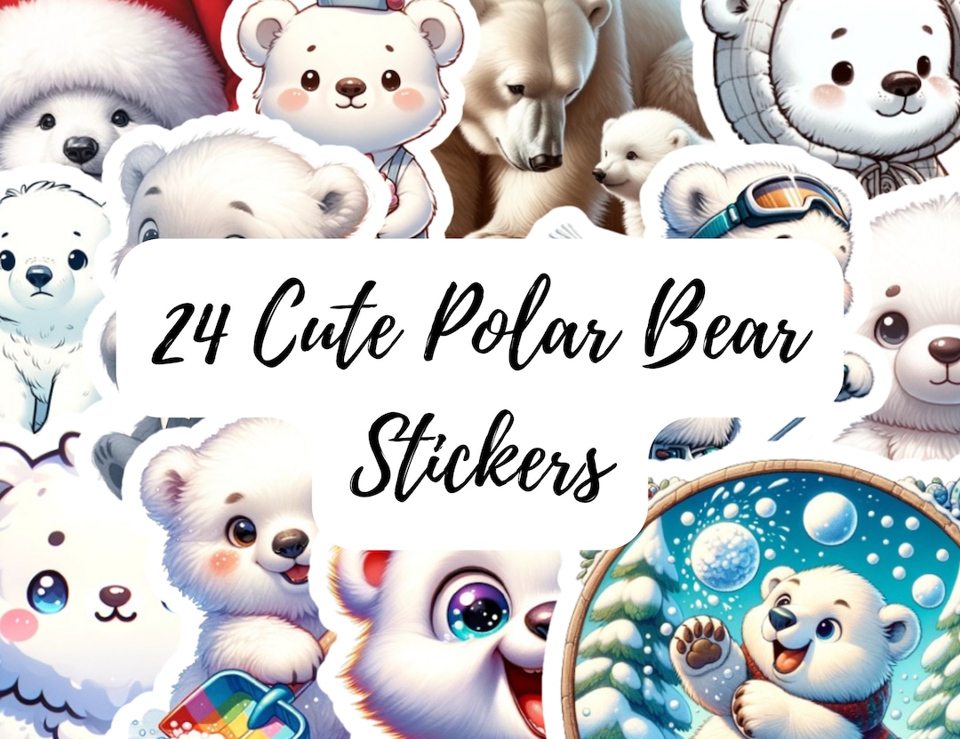 Cute Polar Bear Stickers, 24 Pack, Illustration, Great for Water ...