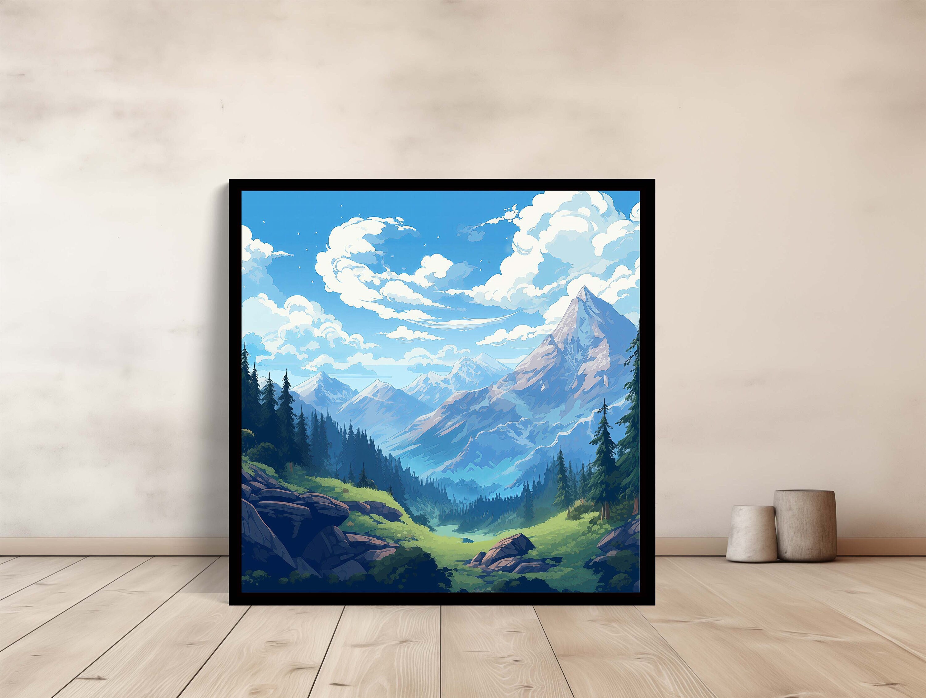 2D Game Background Mountain Valley Art, Framed Canvas, Wall Hanging ...