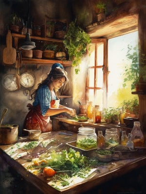 A Woman Cooks in a Country Kitchen Watercolor Painting Art - Etsy