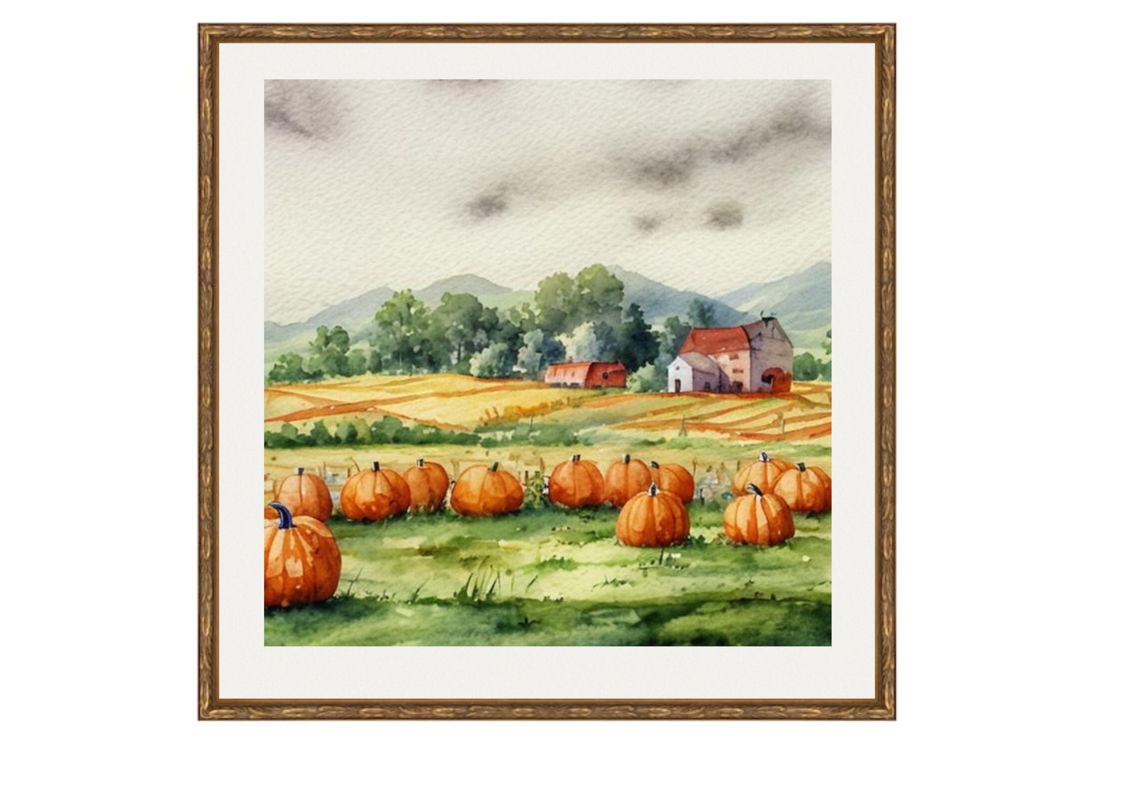 Pumpkins Farm Watercolor Painting Pumpkins Patch and Formhouse Art ...