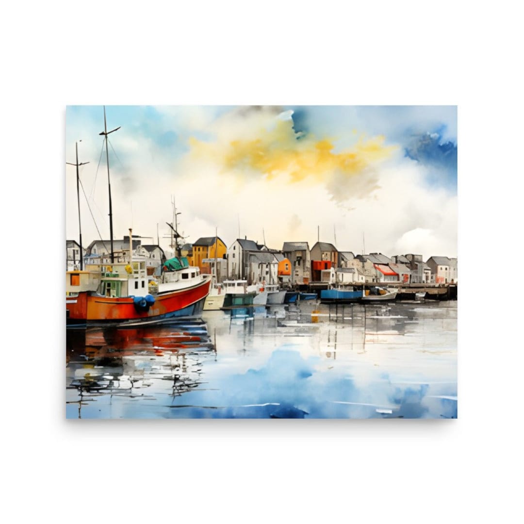 Scandinavian Fishing Village Watercolor Art Print: Coastal Harbor Scene ...