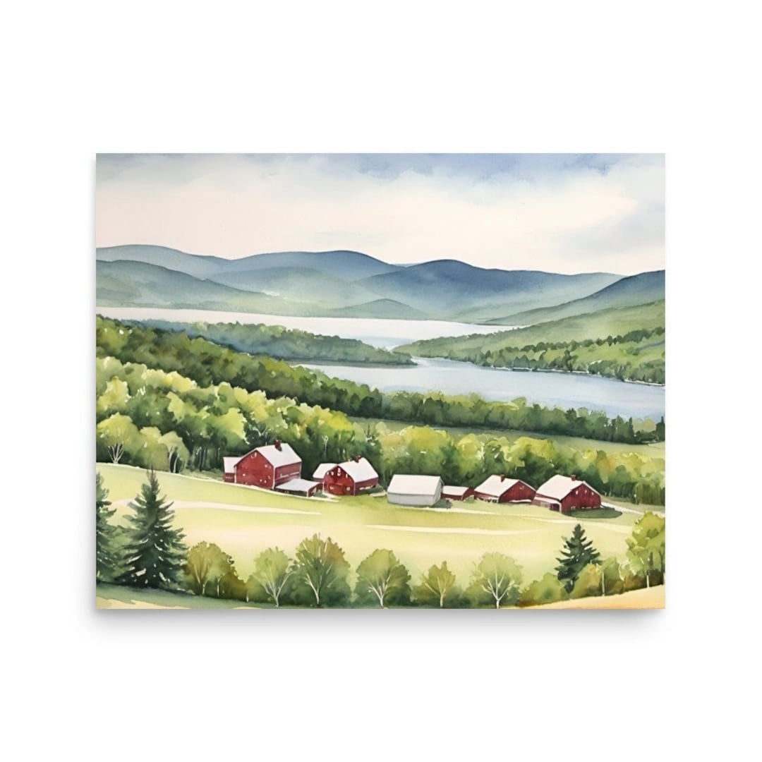 Vermont Farmhouse Watercolor Art Print: Green Mountain Landscape - Etsy