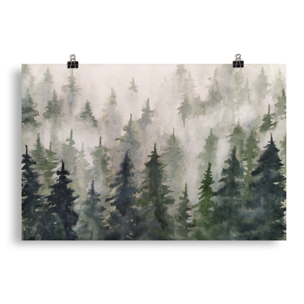 Misty Pine Forest Watercolor Painting Pacific Northwest Landscape Art ...