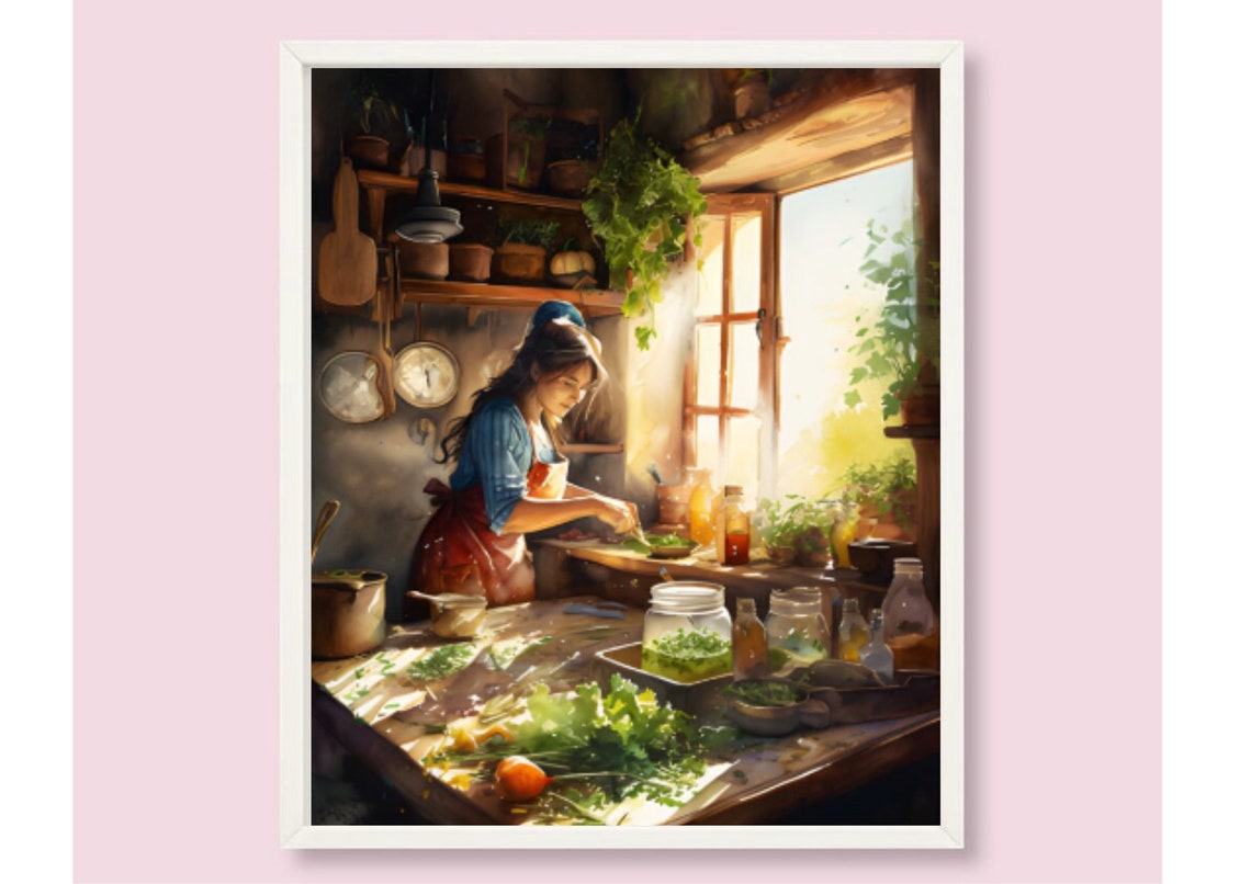 A Woman Cooks in a Country Kitchen Watercolor Painting Art Print ...