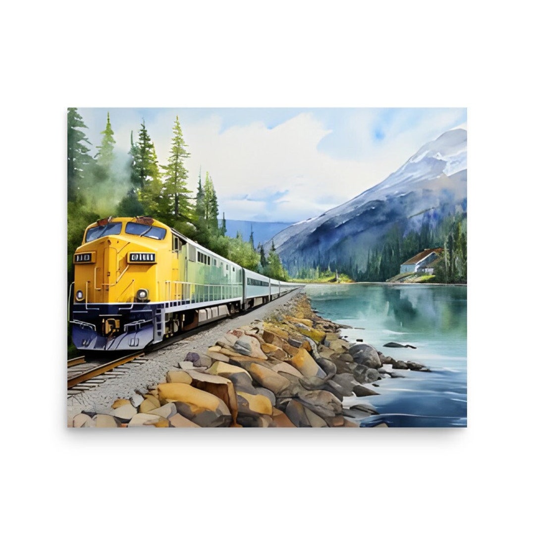 Alaska Train Watercolor Art Print: Mountain Lake Landscape Poster - Etsy