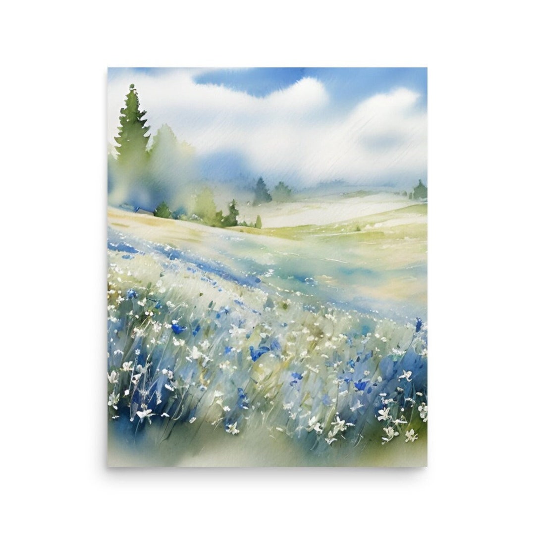 Wildflower Meadow Watercolor Art Print: Misty Landscape Wall Decor - Etsy