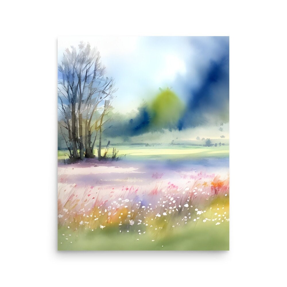 Spring Landscape Painting Misri Forest and Wildflowers Field Watercolor ...