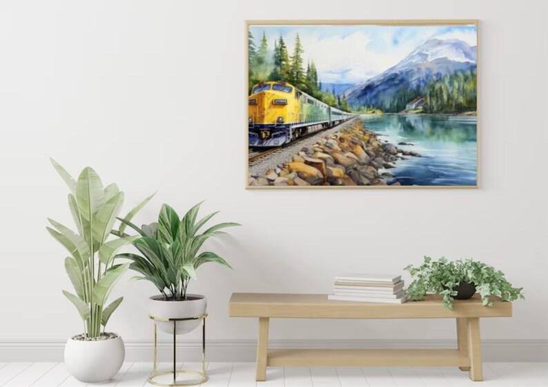 Alaska Train Watercolor Art Print: Mountain Lake Landscape Poster - Etsy