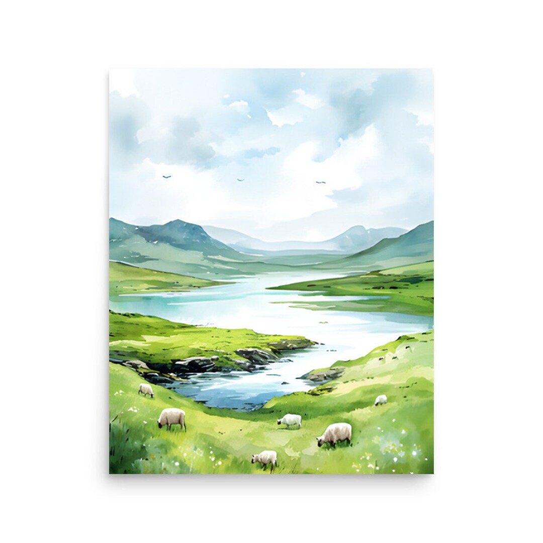 Scotland Landscape Art Print: Watercolor Sheep Meadow - Etsy