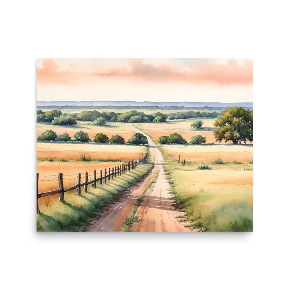 Texas Farmland Watercolor Art Print: Country Road Landscape - Etsy