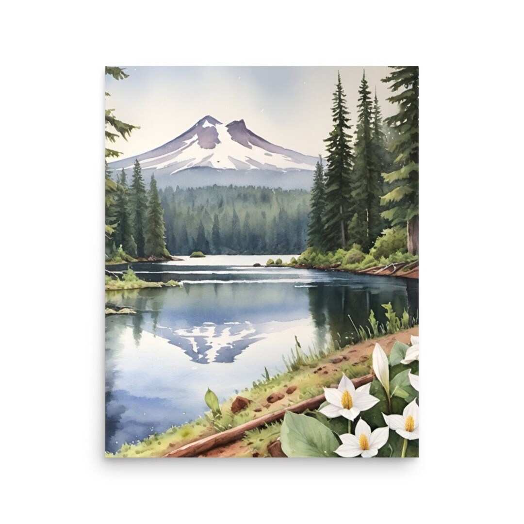 Trillium Lake Watercolor Art Print: Oregon Mountain Landscape - Etsy