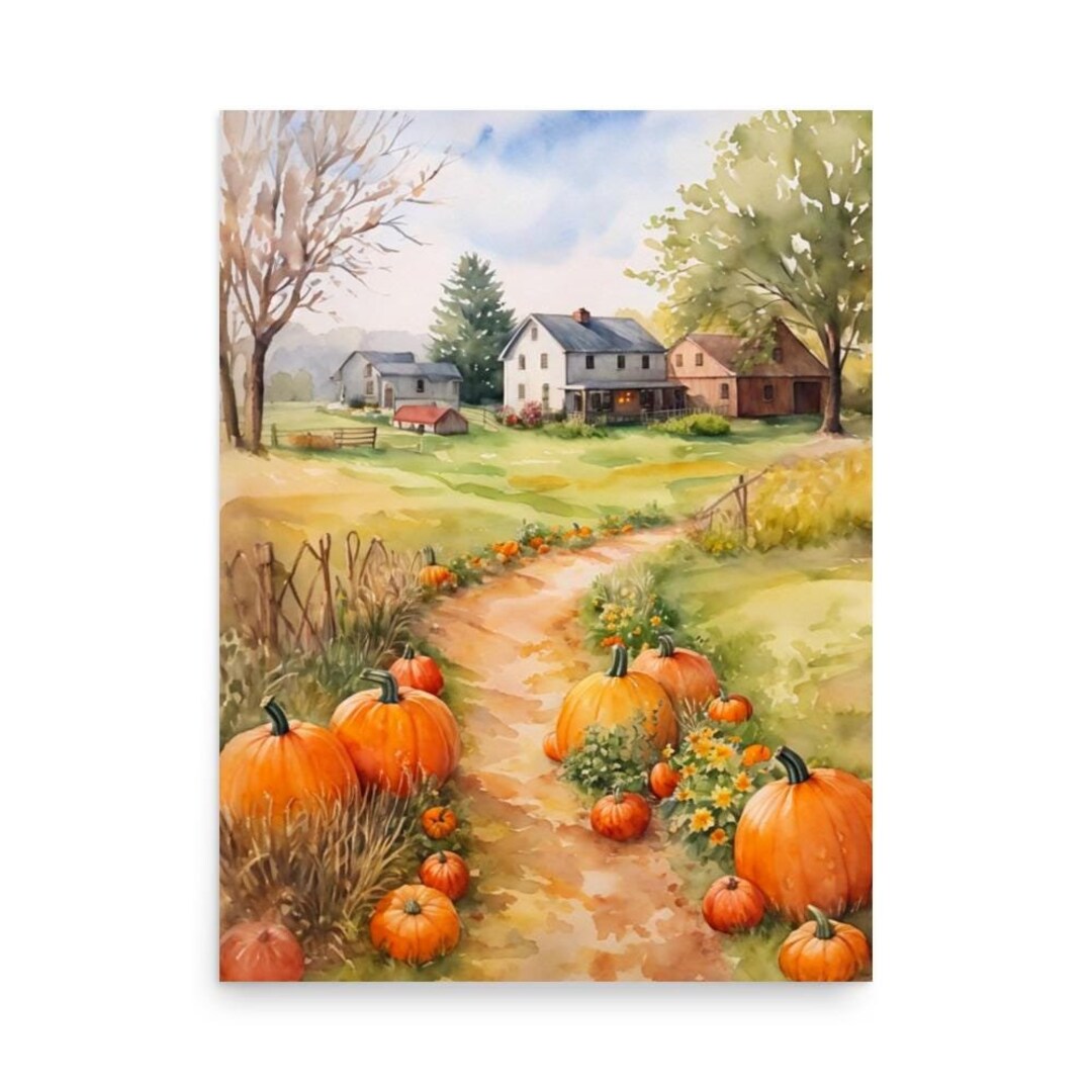 Pumpkin Patch Watercolor Painting: Autumn Farmhouse Art Print - Etsy