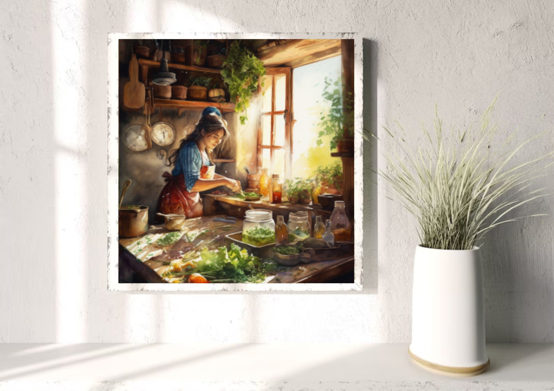 A Woman Cooks in a Country Kitchen Watercolor Painting Art Print ...