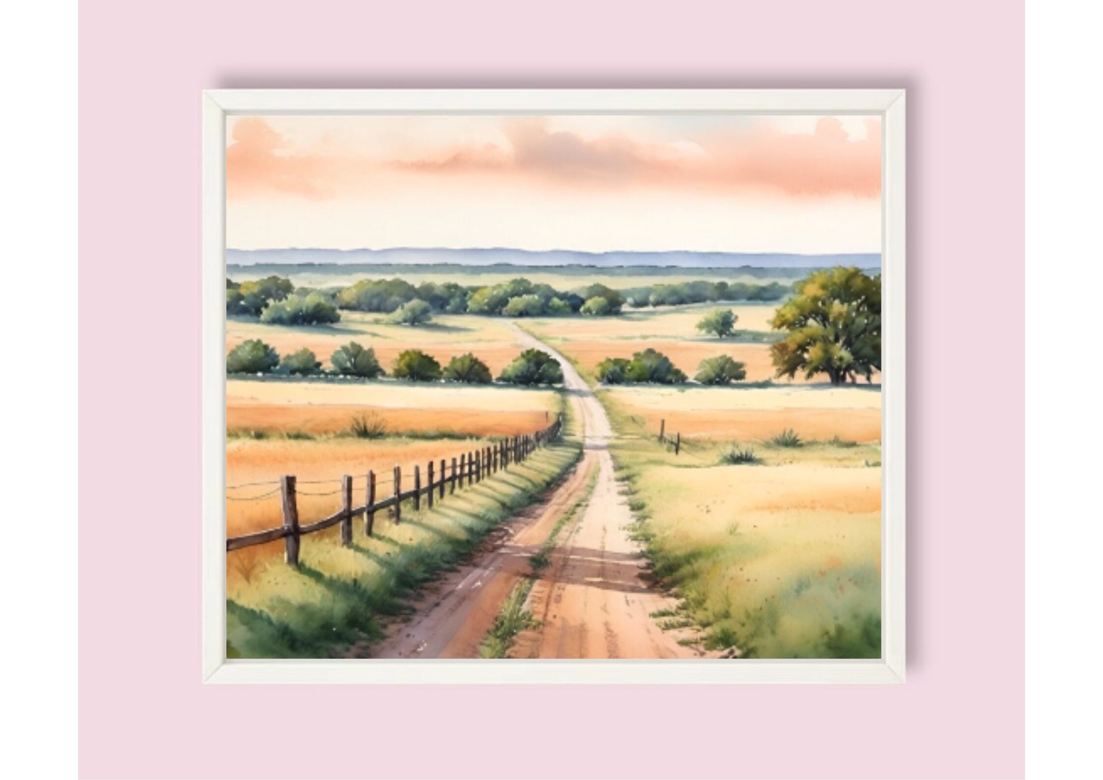 Texas Farmland Watercolor Art Print: Country Road Landscape - Etsy