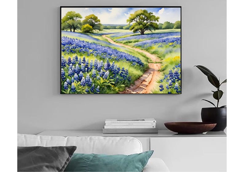 Bluebonnet Meadow Watercolor Art Print: Texas Landscape Wall Art - Etsy