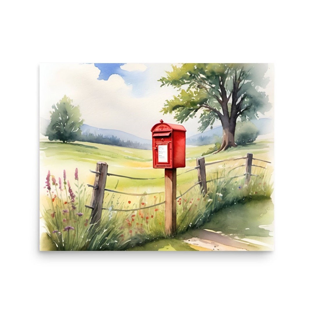 Mailbox Painting Mailbox on Country Road Watercolor Art Print Red ...