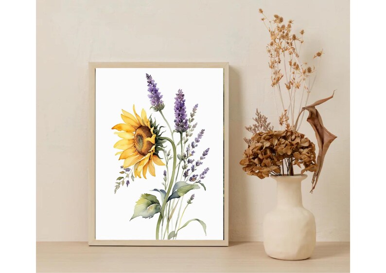 Sunflower and Lavender Watercolor Art Print: Autumn Floral Bouquet - Etsy