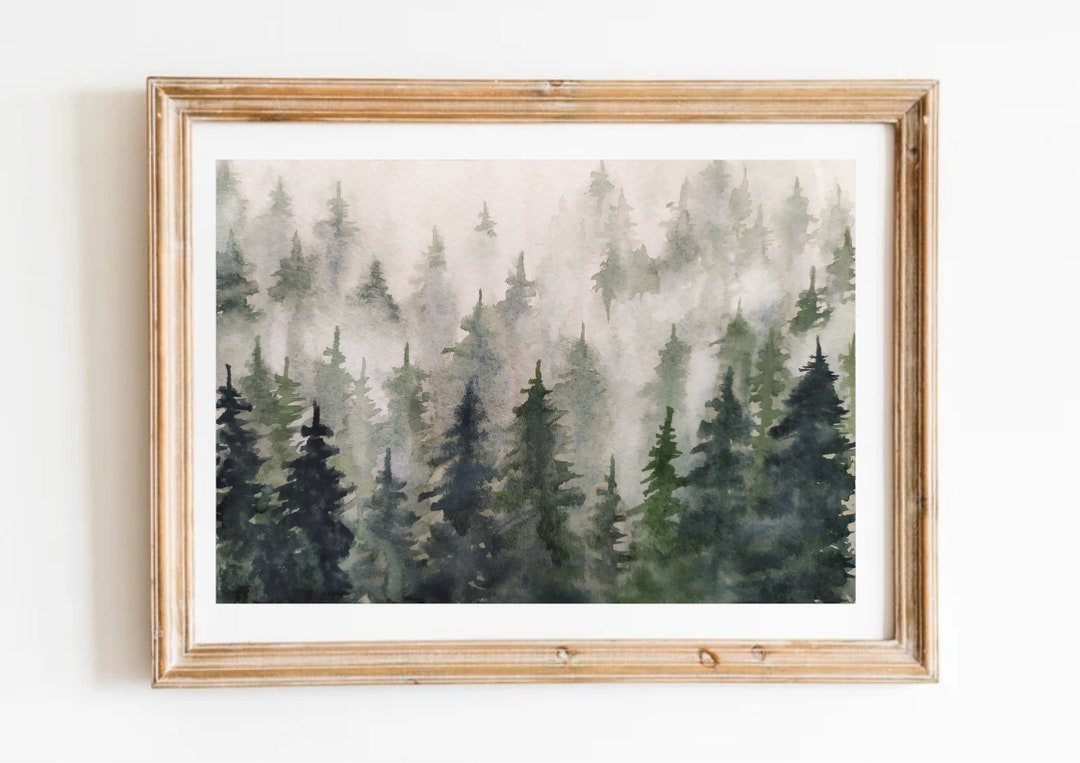 Misty Pine Forest Watercolor Painting Pacific Northwest Landscape Art ...
