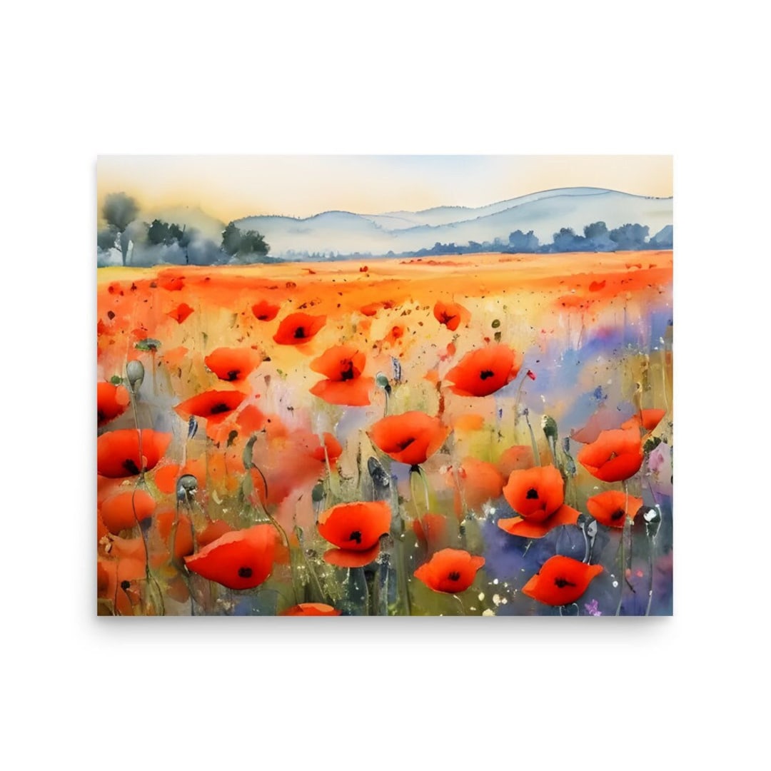 Poppy Field Watercolor Painting: Panoramic Landscape Art Print - Etsy