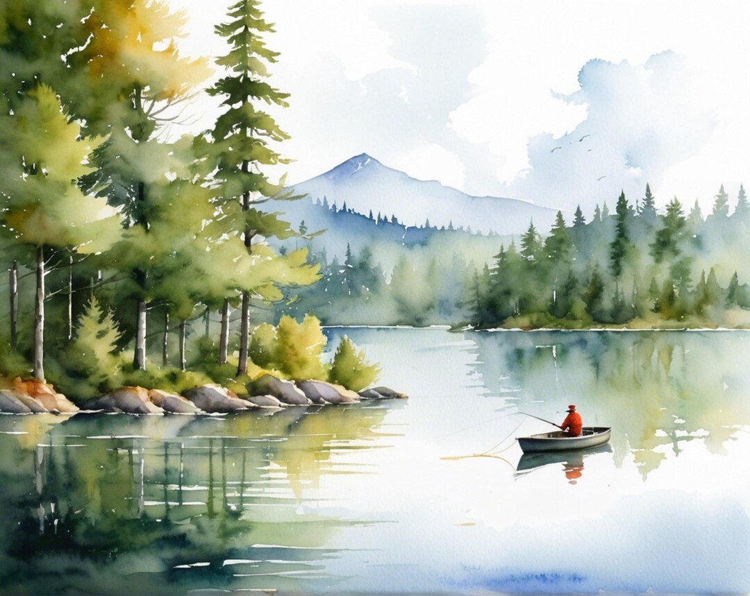 Eagle Lake Acadia Art Print: Fisherman Rowboat Watercolor Painting - Etsy