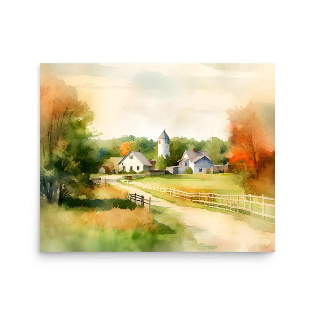 Farmhouse Watercolor Art Print: American Ranch Landscape - Etsy